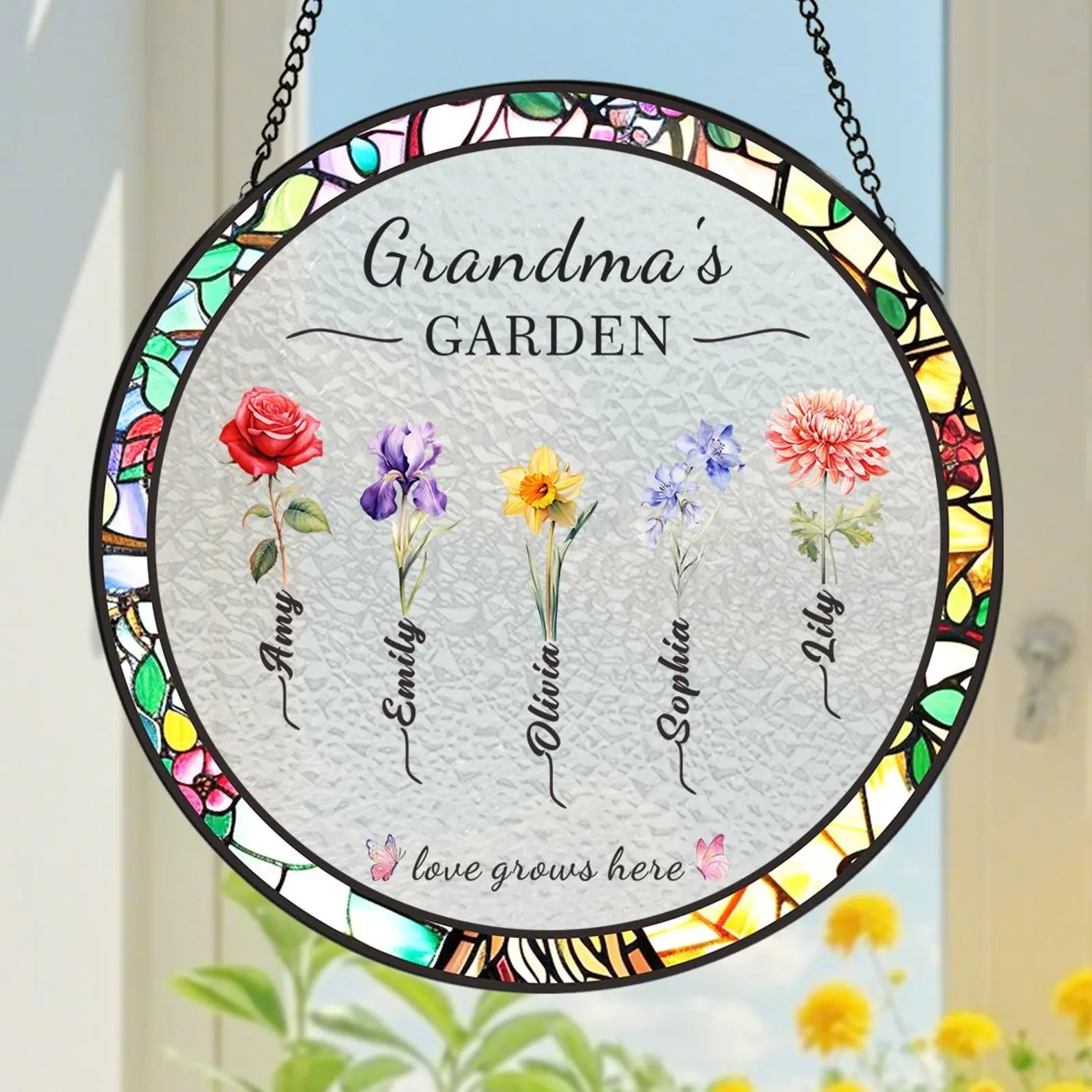 Personalized Birth Flowers Glass Suncatcher Window Hanging Home Decor ...
